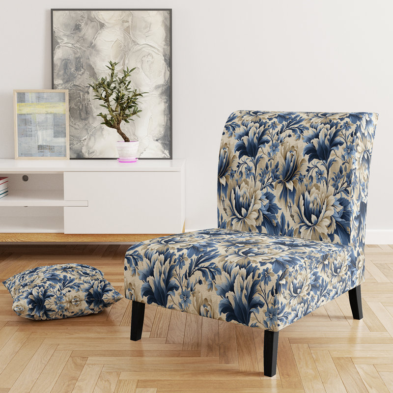 Red Barrel Studio® Blue Victorian Ikat Floral Harmony III - Upholstered Cottage Accent Slipper ...